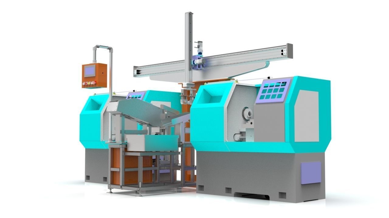 Automated CNC Lathe System with Robotic Arm 3D Design 3D model | CGTrader