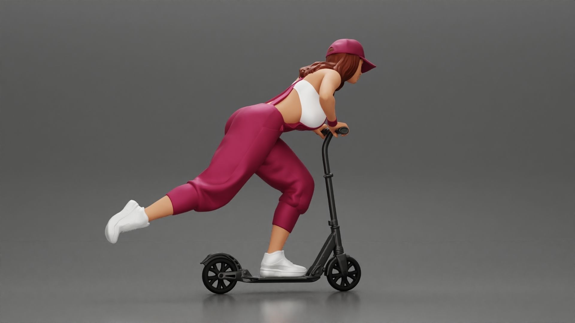 girl in overalls suit and cap riding fast an electric scooter 3D model ...