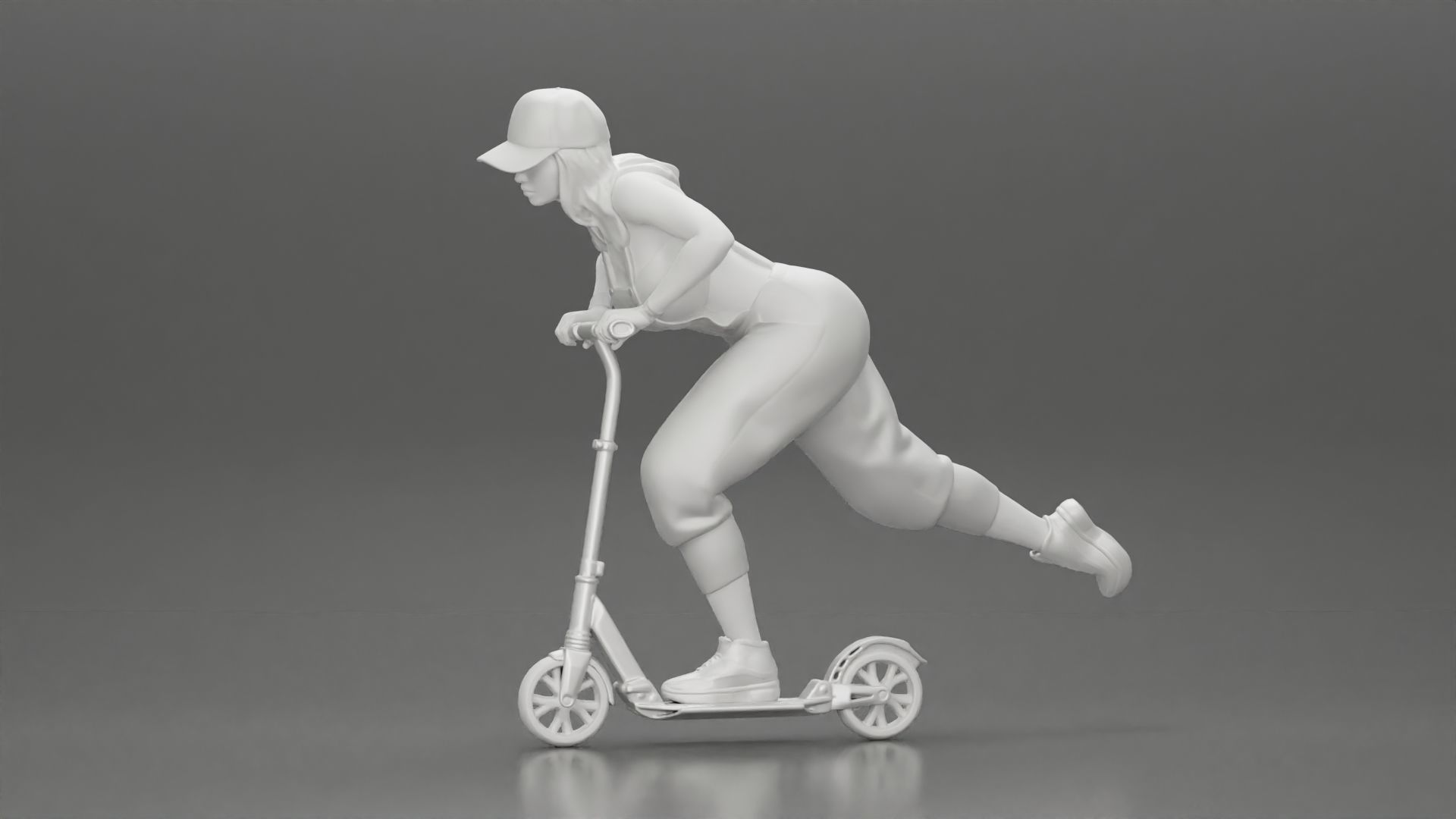 girl in overalls suit and cap riding fast an electric scooter 3D model ...