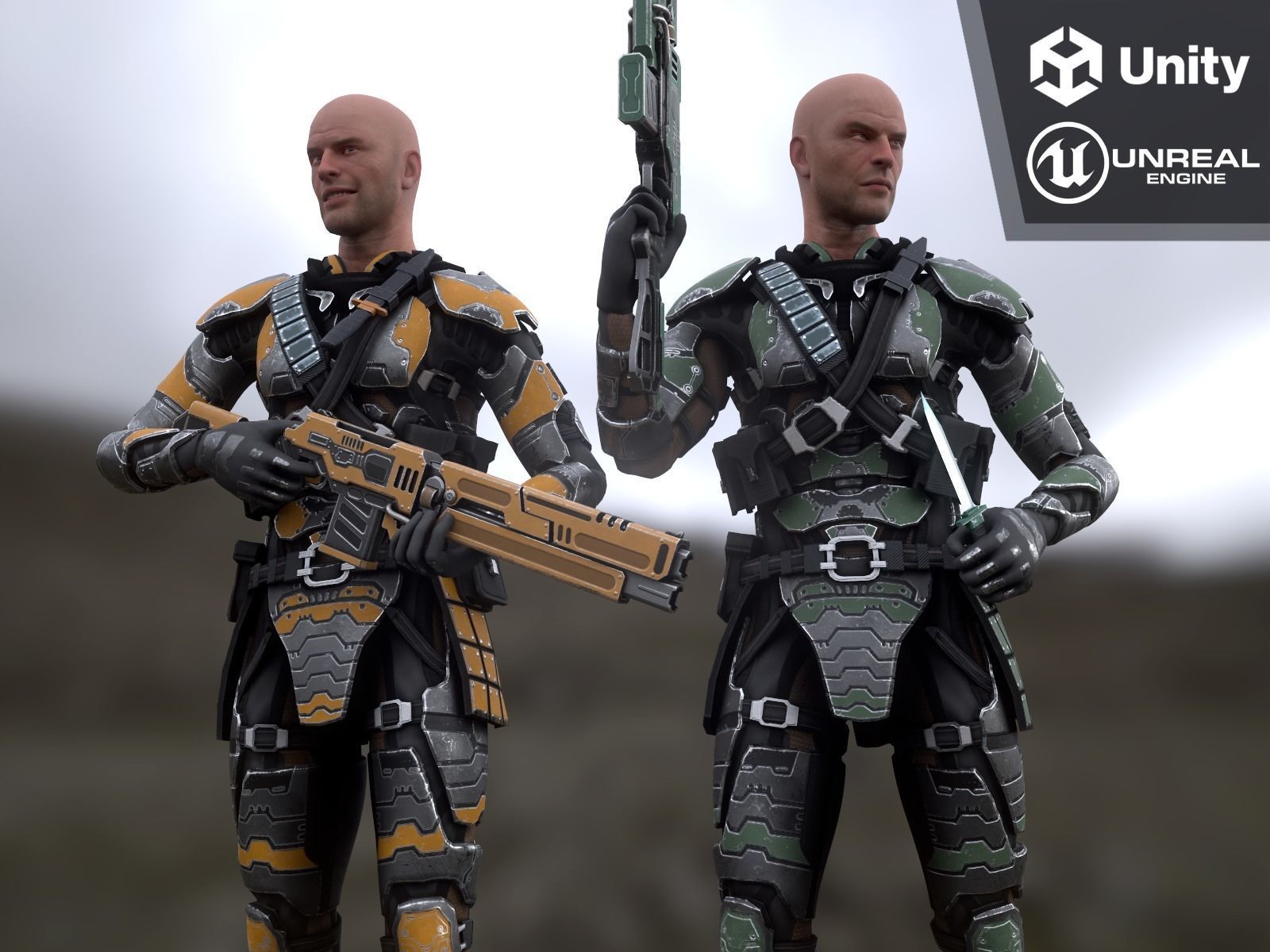 3D model Sci-fi armored human warrior gameready character model VR / AR ...