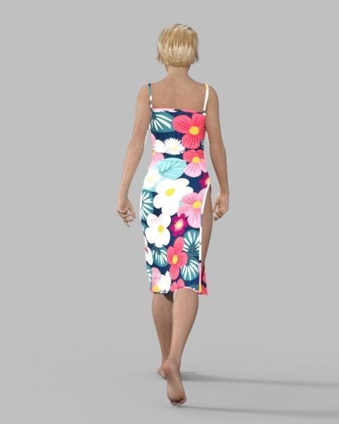 Flower Pattern Dress with Side Split free 3D model | CGTrader