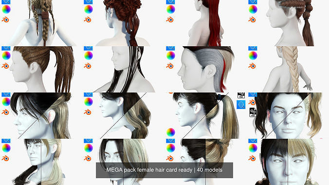 3D Model Collection MEGA pack female hair card ready VR / AR / low-poly ...