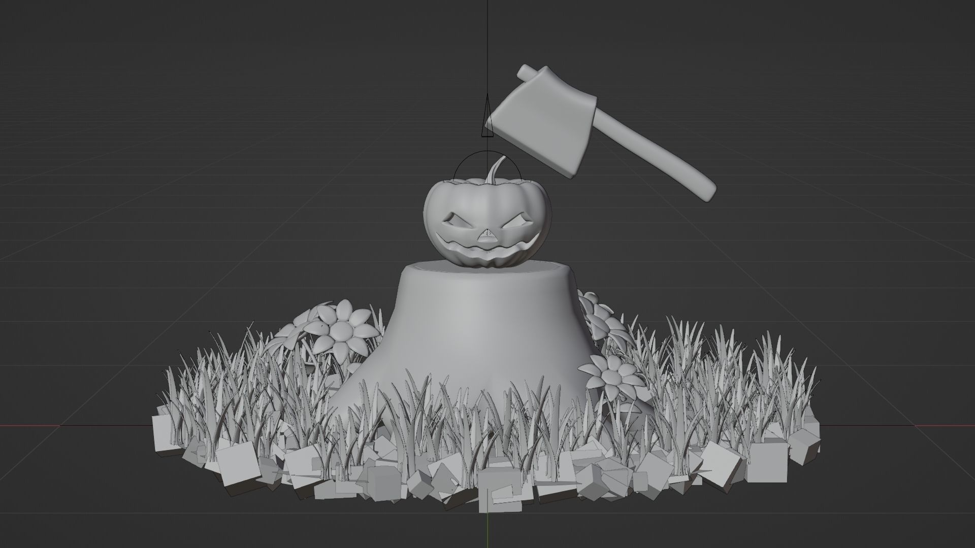 Halloween pumpkin stump grass and ax 3D model | CGTrader