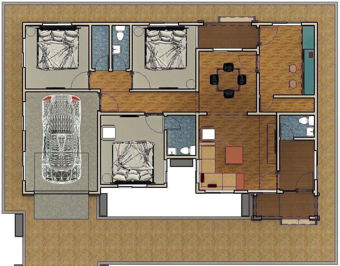 3D model 3 Bedroom House plan Model VR / AR / low-poly | CGTrader