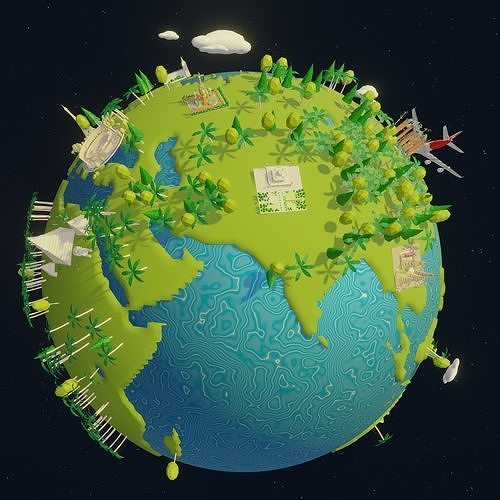 3D model Low-poly Earth Globe with Monument buildings VR / AR / low ...