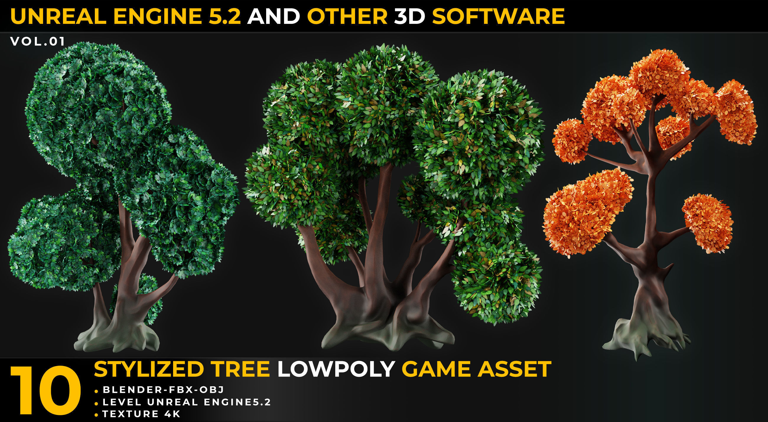 3D model 10 Tree Stylize LowPoly GameAsset For UnrealEngine VR / AR ...
