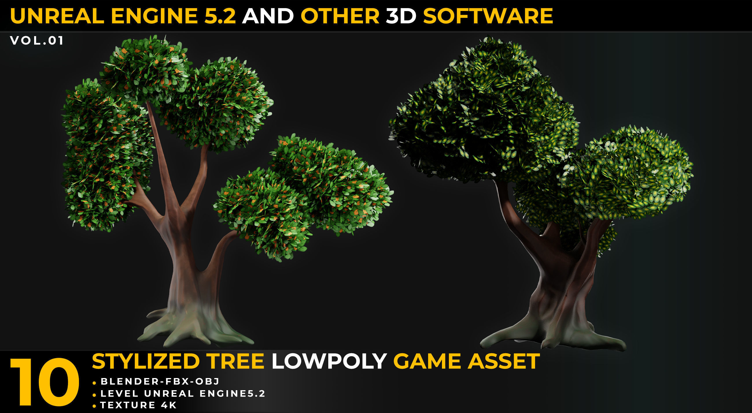 3D model 10 Tree Stylize LowPoly GameAsset For UnrealEngine VR / AR / low-poly | CGTrader