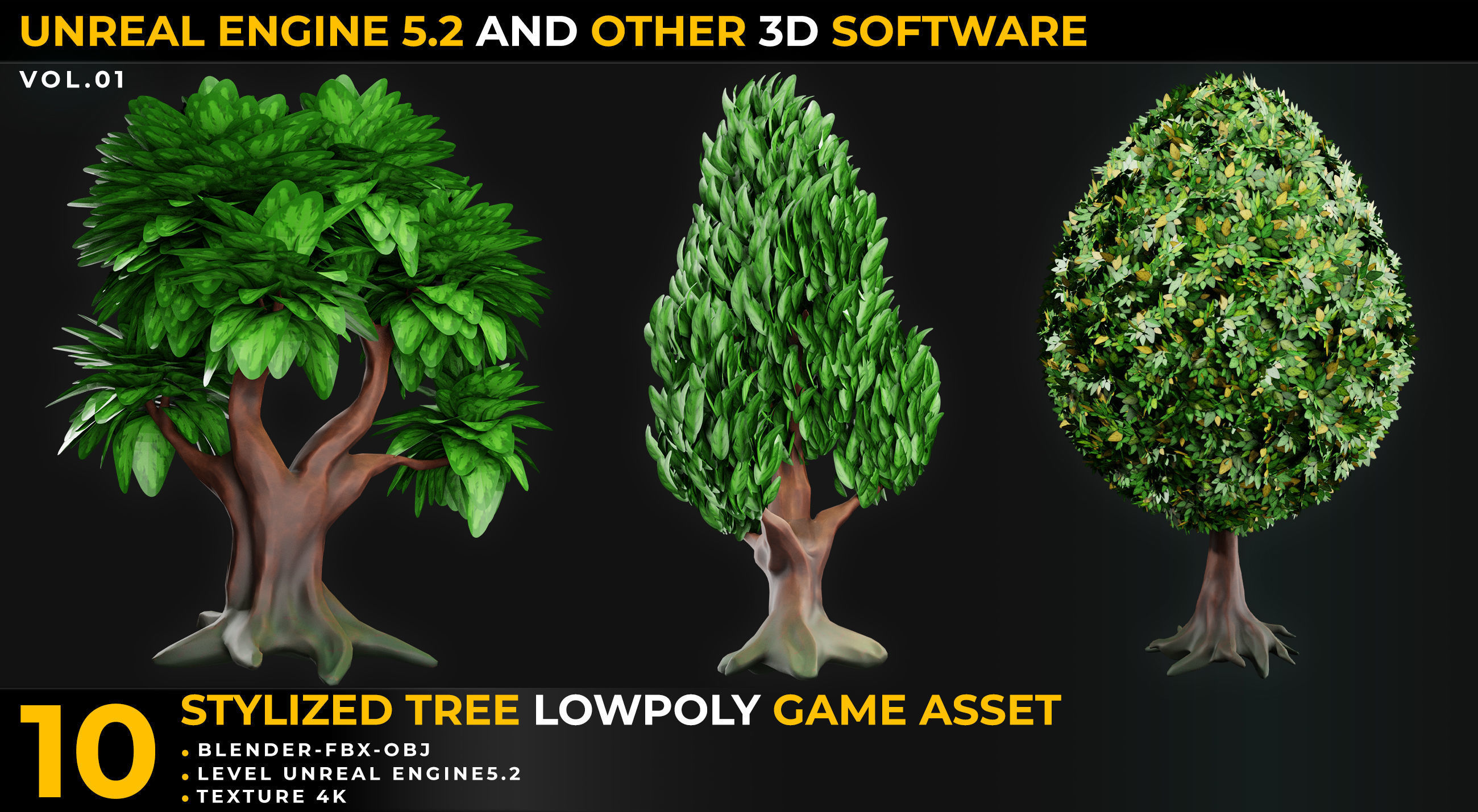 3D model 10 Tree Stylize LowPoly GameAsset For UnrealEngine VR / AR ...