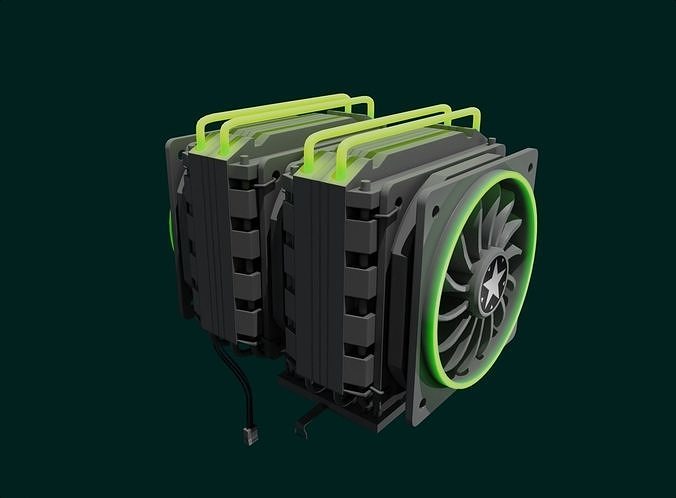 3D model rgb cpu cooler 2 fan nuclear green pc computer asset lowpoly ...