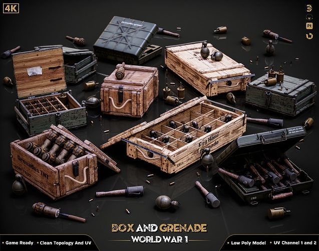 3D model Military Box and Grenade ww1 Game Ready VR / AR / low-poly ...