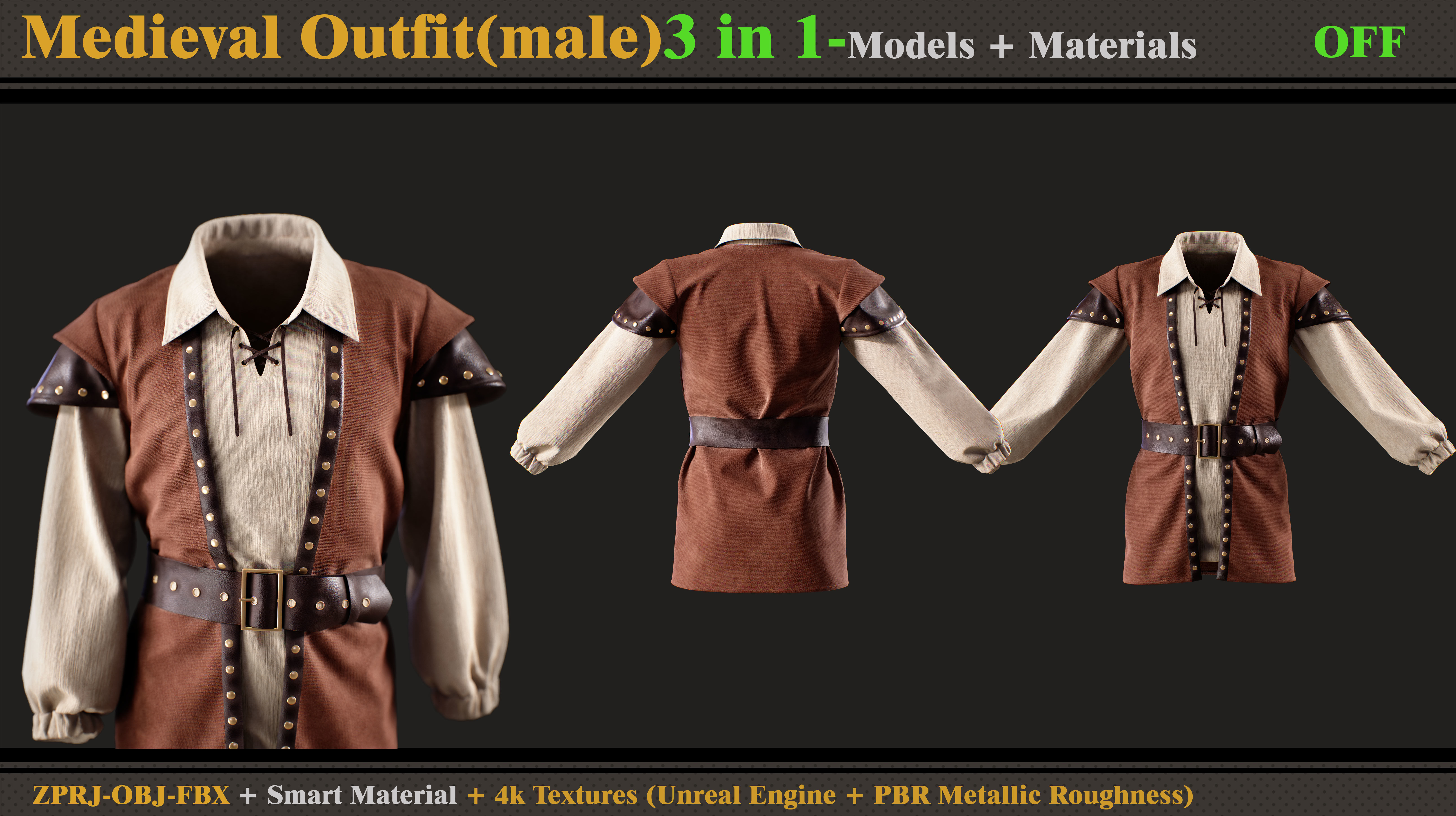 3 in 1 Medieval Outfit-MALE 3D model | CGTrader