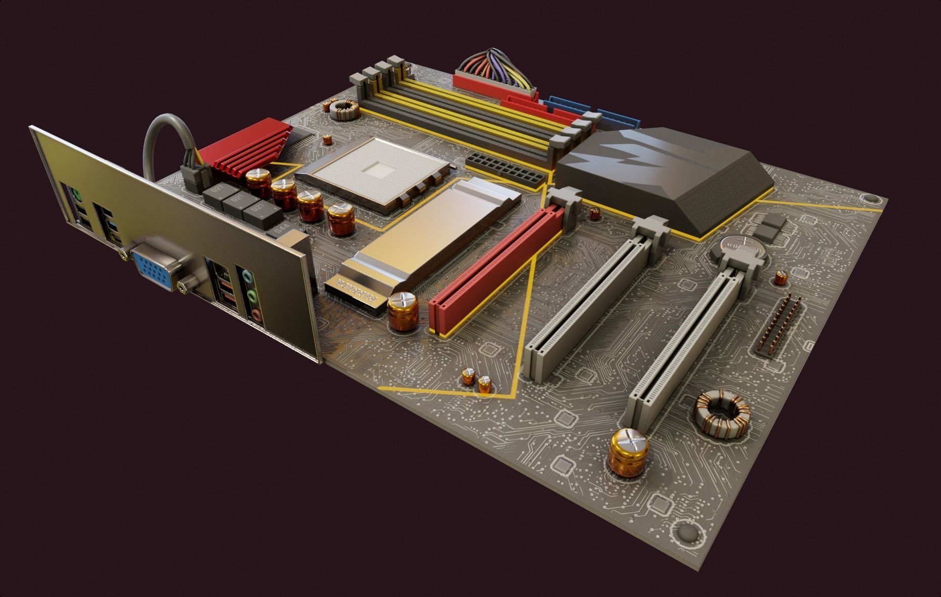 3D model gaming motherboard pc pcie gamer lowpoly rgb lighting neon VR ...