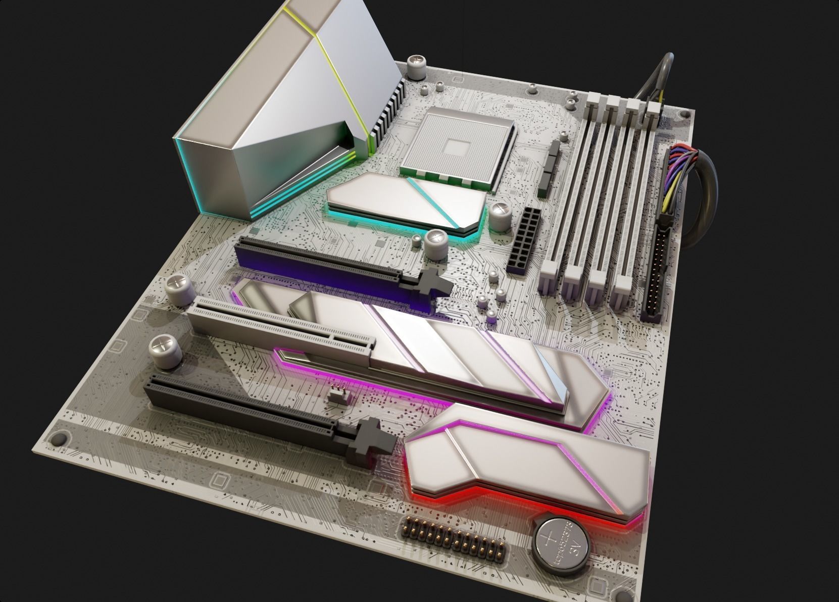 3D model motherboard rgb pc gaming gamer white style colorful rainbow ...