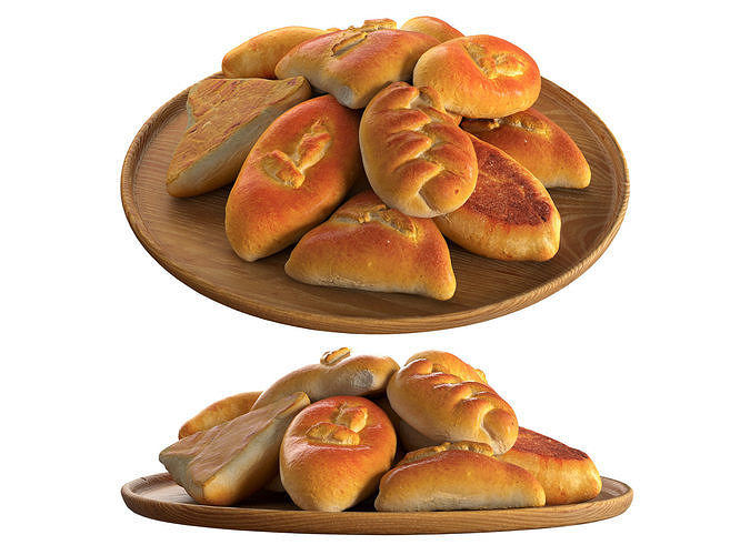 Baked pies on a wooden plate 3D model | CGTrader