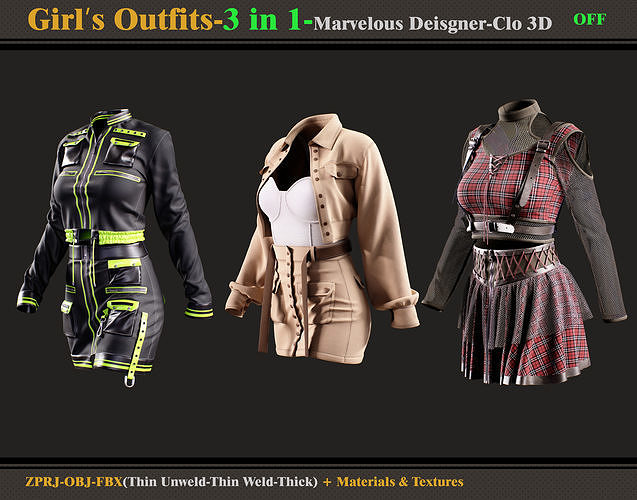 3 in 1 Girls Outfits-Models-Materials-Textures 3D model | CGTrader