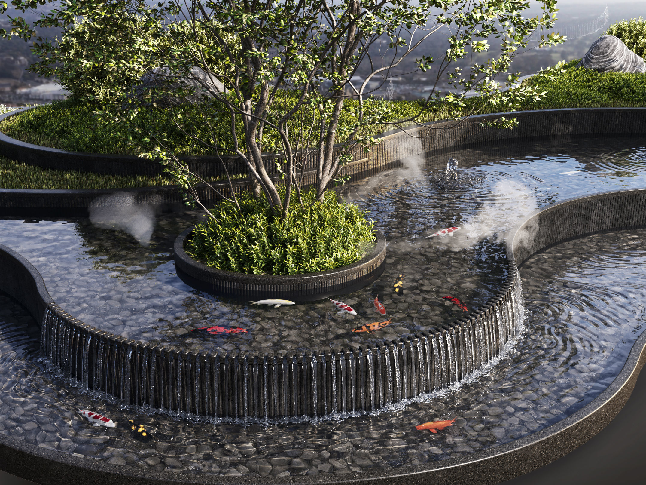 Landscaping Figure with Plants Waterfalls and Fish 3D model | CGTrader