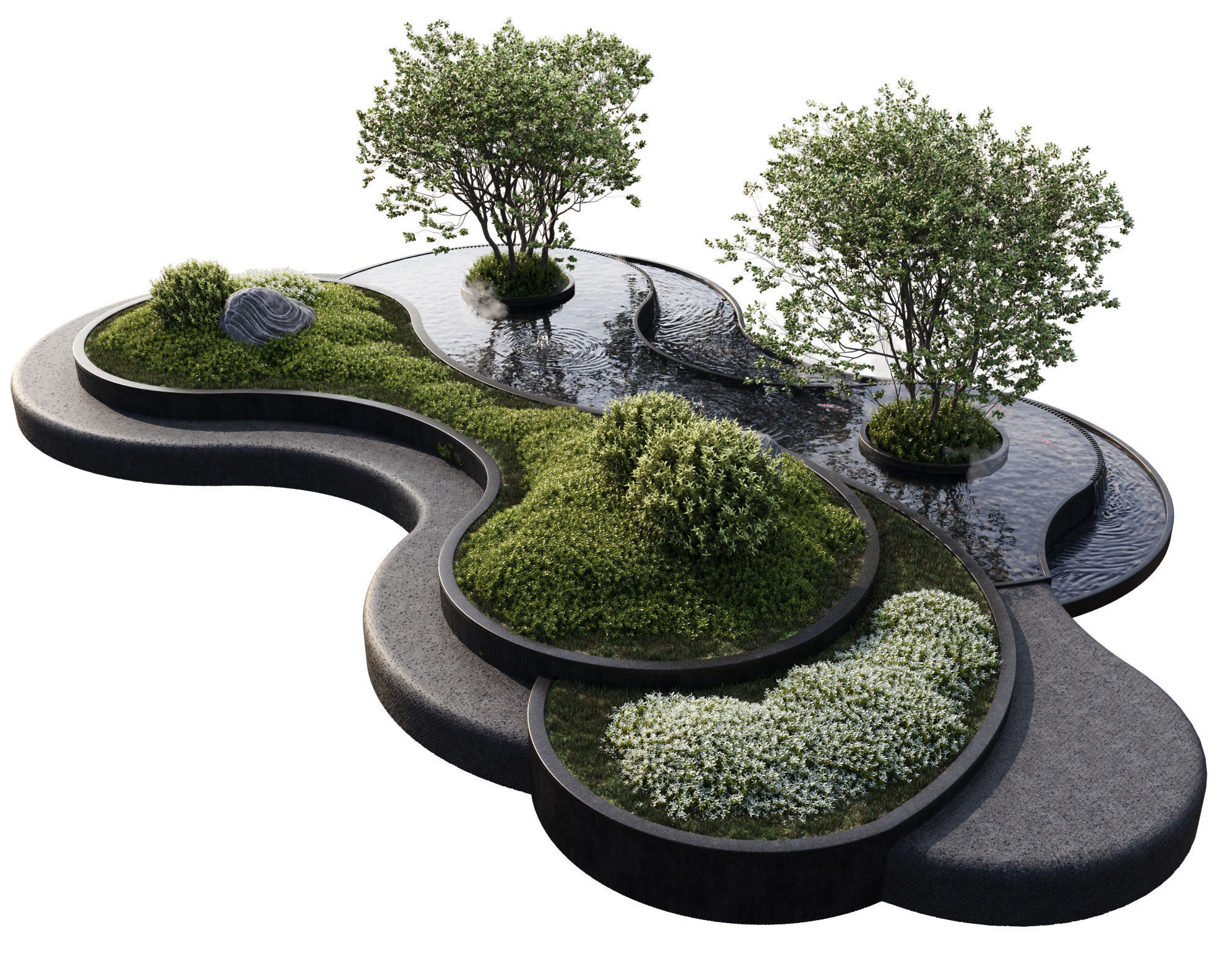 Landscaping Figure with Plants Waterfalls and Fish 3D model | CGTrader