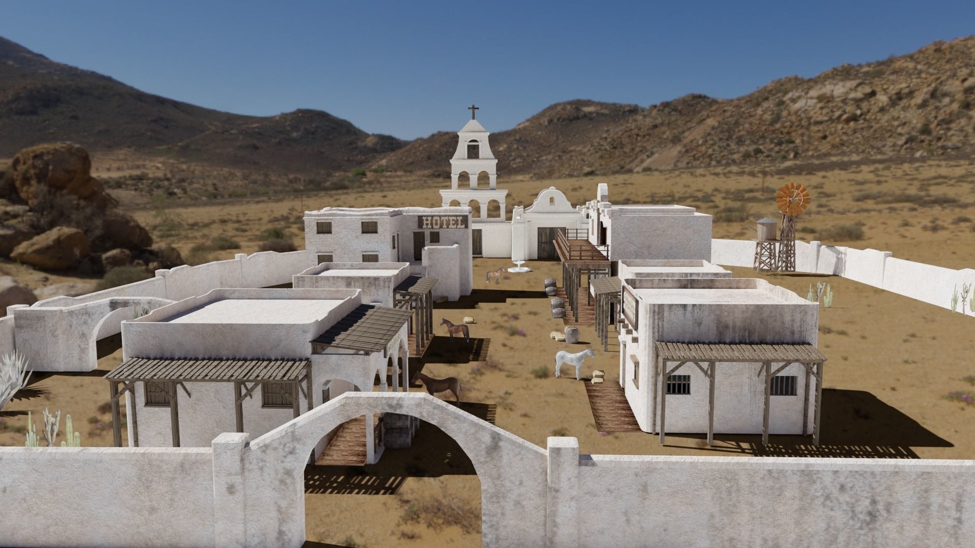 3D model MEXICAN low poly western cowboy village in kit VR / AR / low ...