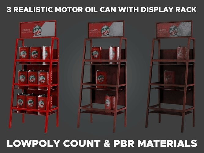 3D Model Collection 3 Realistic Motor Oil Display Racks with Oil Cans ...