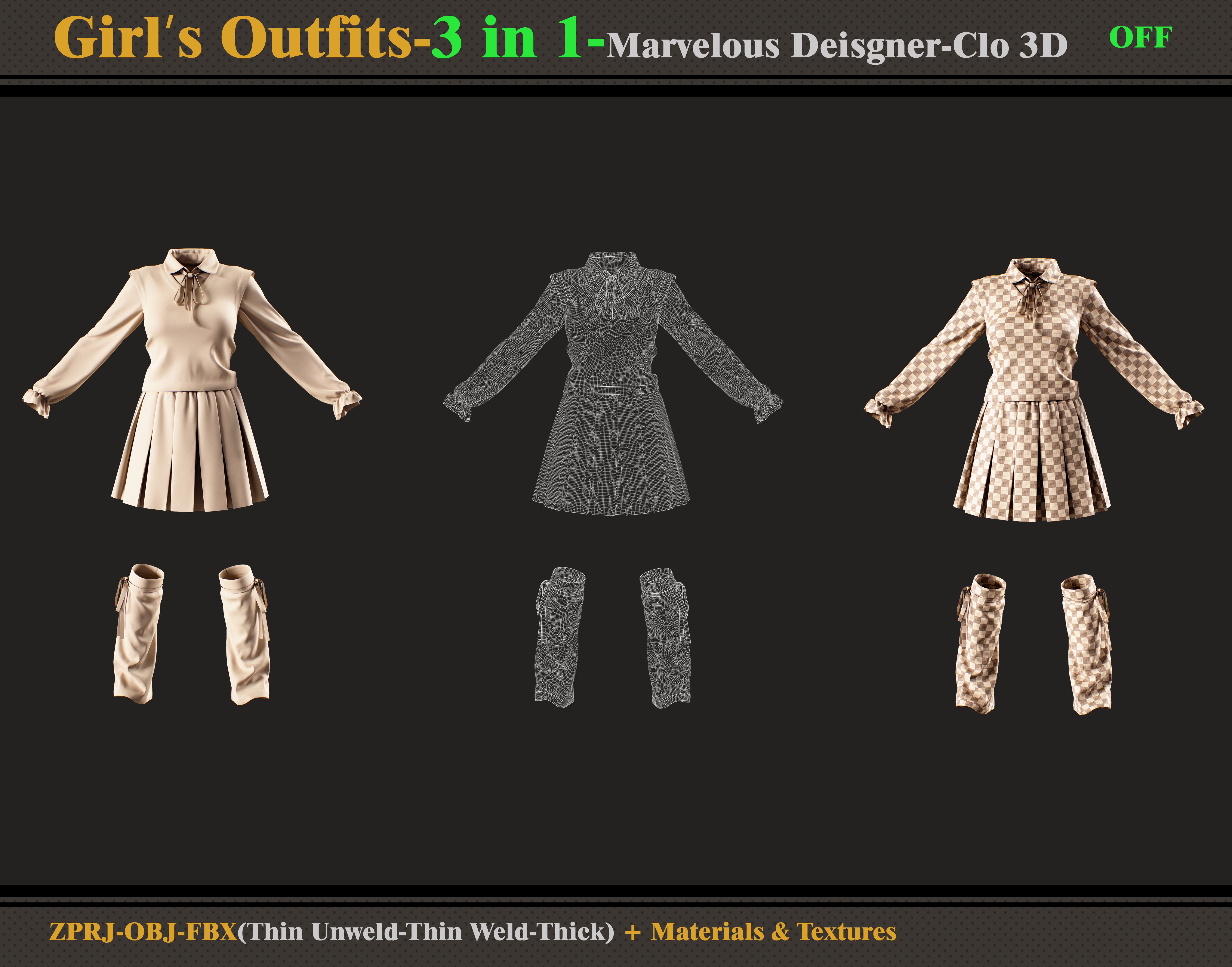3 in 1 Girls Outfits- MD-Clo3d -OBJ - FBX -Materials-OFF 3D model ...