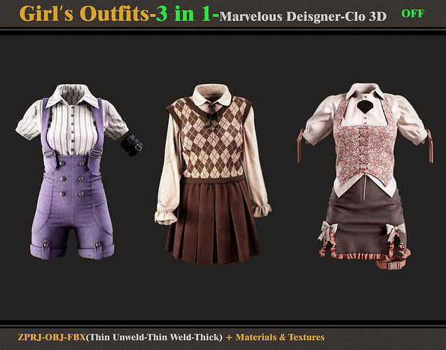 3 in 1 Girls Outfits- MD-Clo3d -OBJ - FBX -Materials-OFF 3D model ...