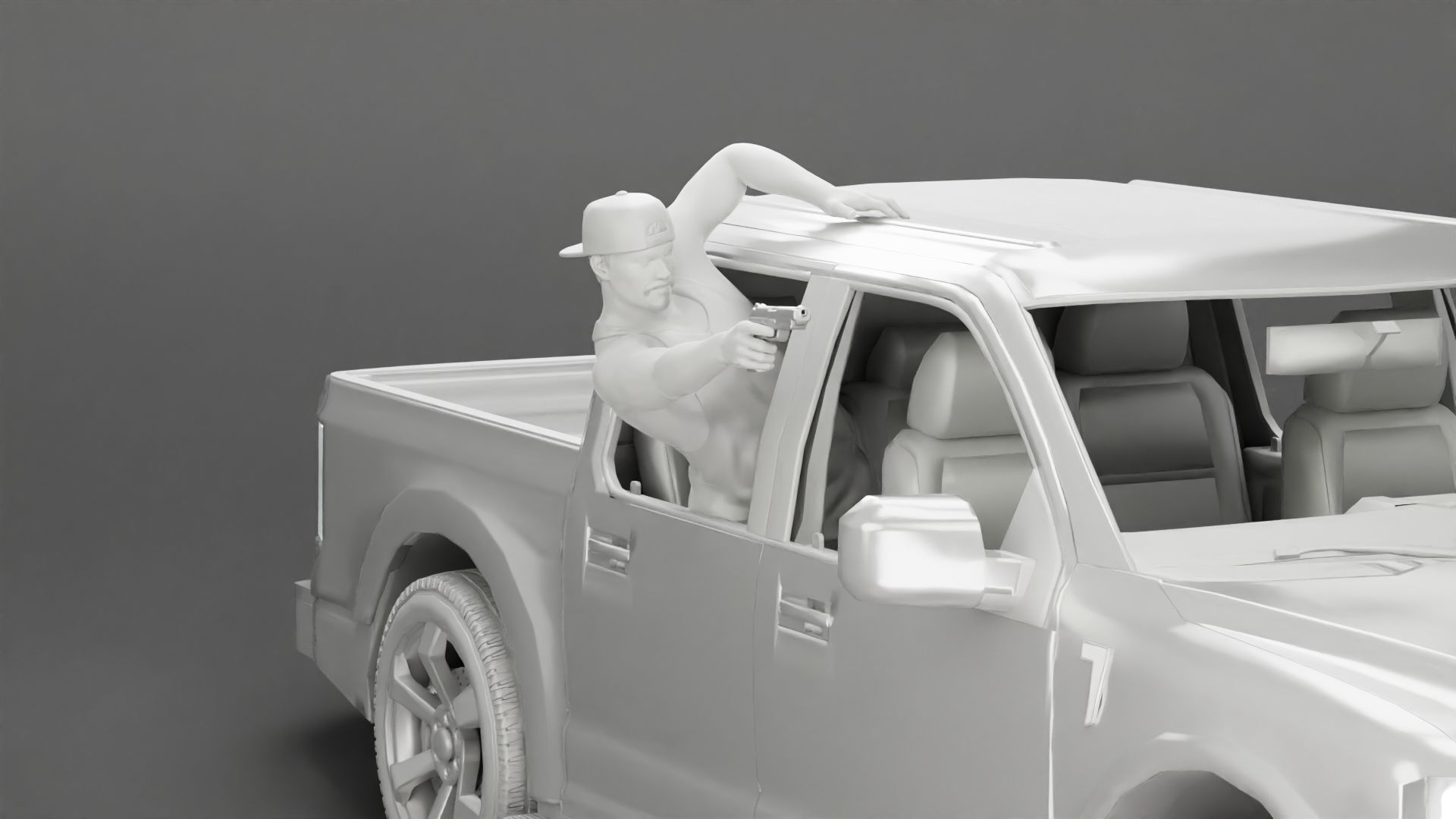 Gangster in cap shooting gun leaning out the window of the car 3D model ...