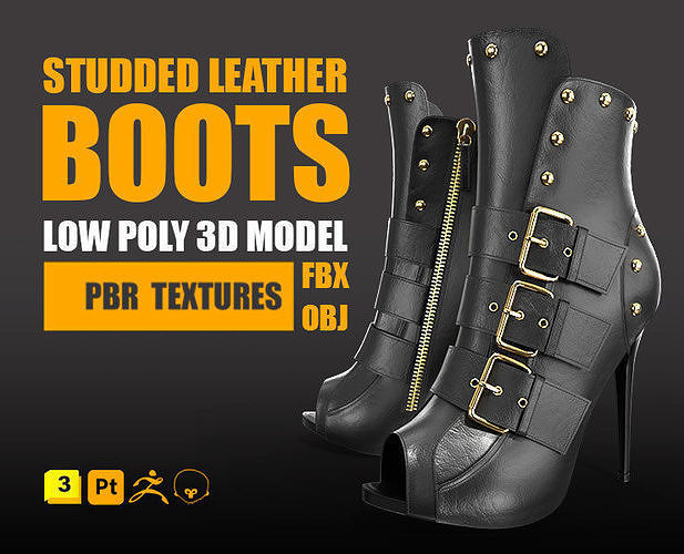 3D model Studded Leather Boot Low-poly 3D model PBR Textures VR / AR ...