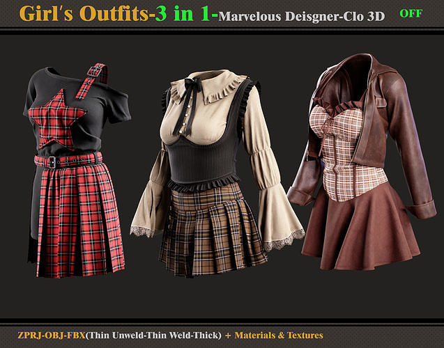 3 in 1 Girls Outfits- MD-Clo3d -OBJ - FBX -Materials-Textures 3D model ...