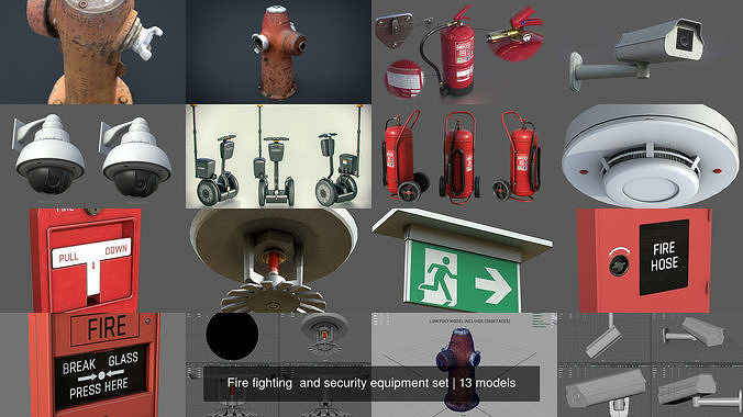 3D Model Collection Fire fighting and security equipment set VR / AR ...
