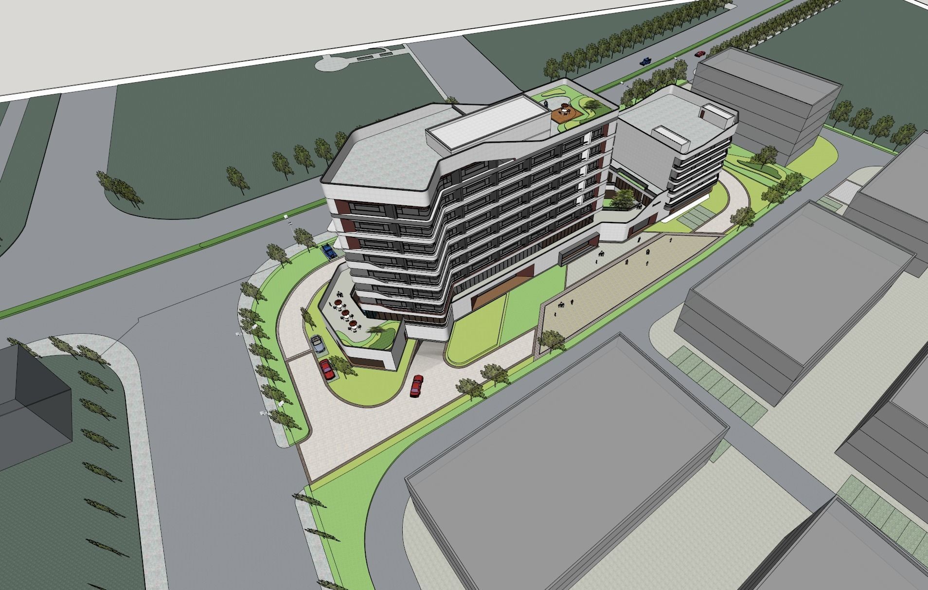 SU model of a modern-style streamlined office hotel building 3D model ...