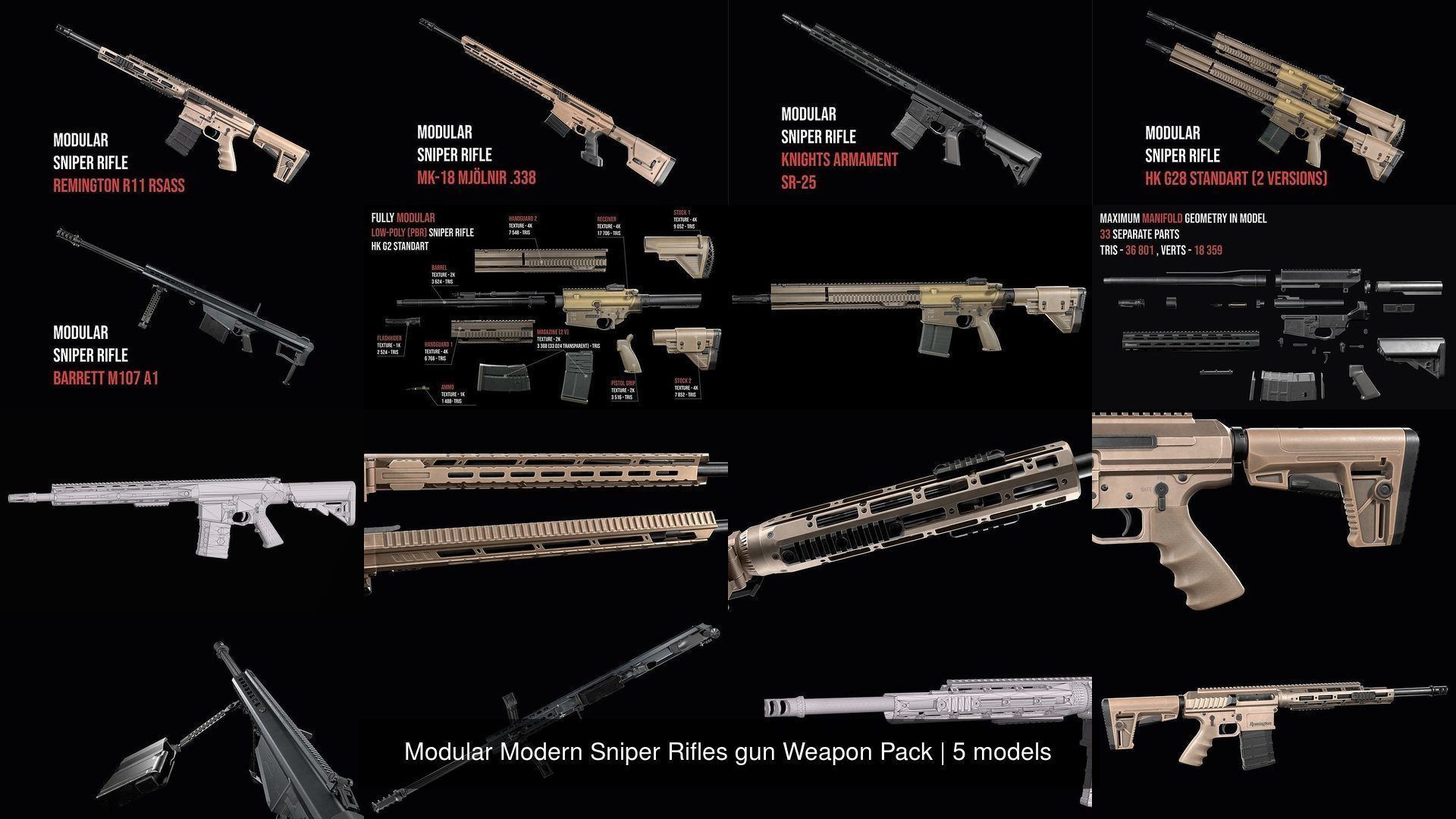 3D Model Collection Modular Modern Sniper Rifles gun Weapon Pack VR ...