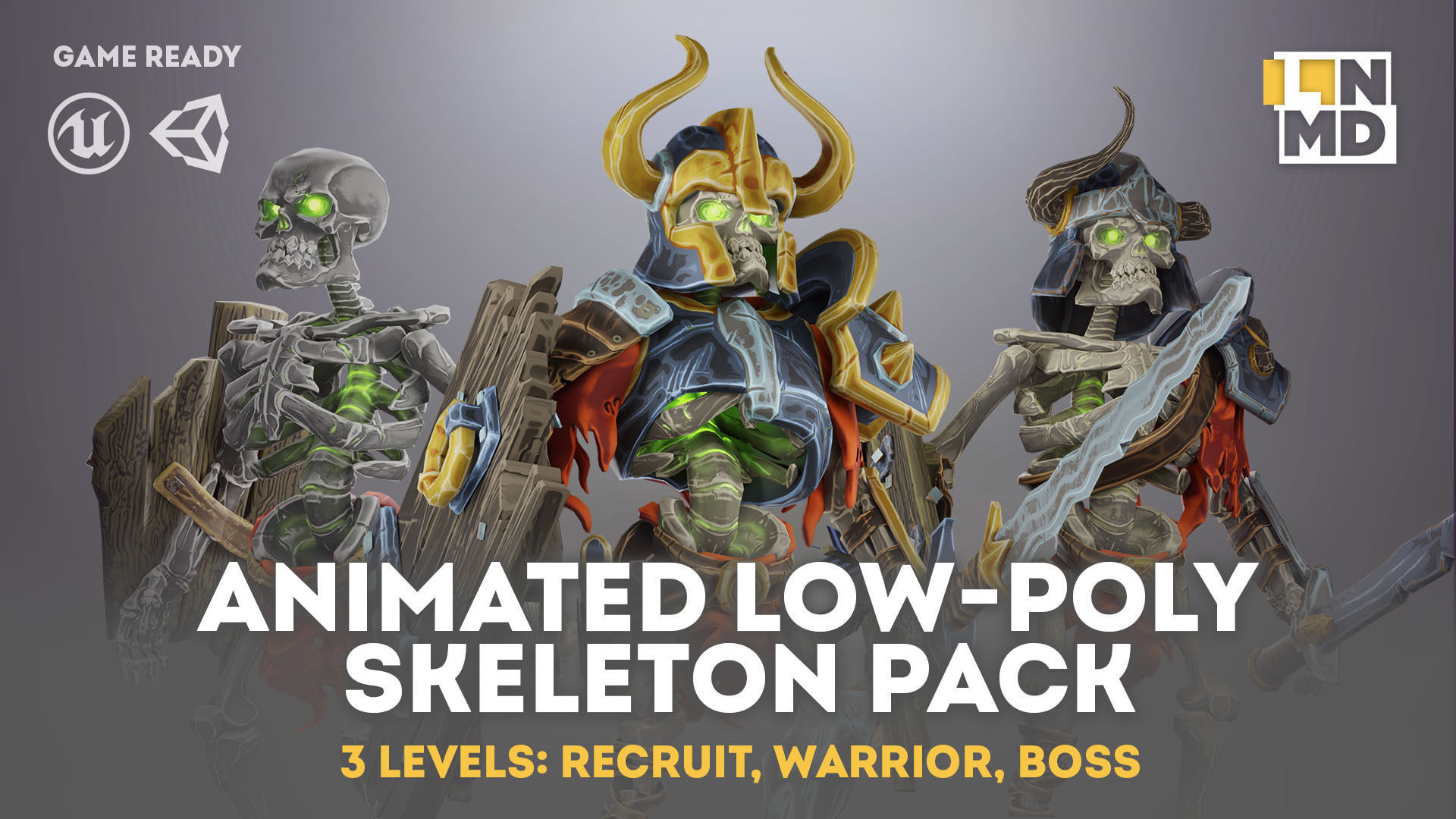 3D Model Collection Animated Low Poly Game Ready Skeleton Pack Recruit Warrior Boss VR / AR ...