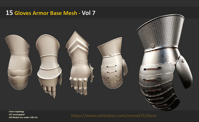 3D model 15 Gloves Armor Base Mesh - Vol 7 VR / AR / low-poly | CGTrader
