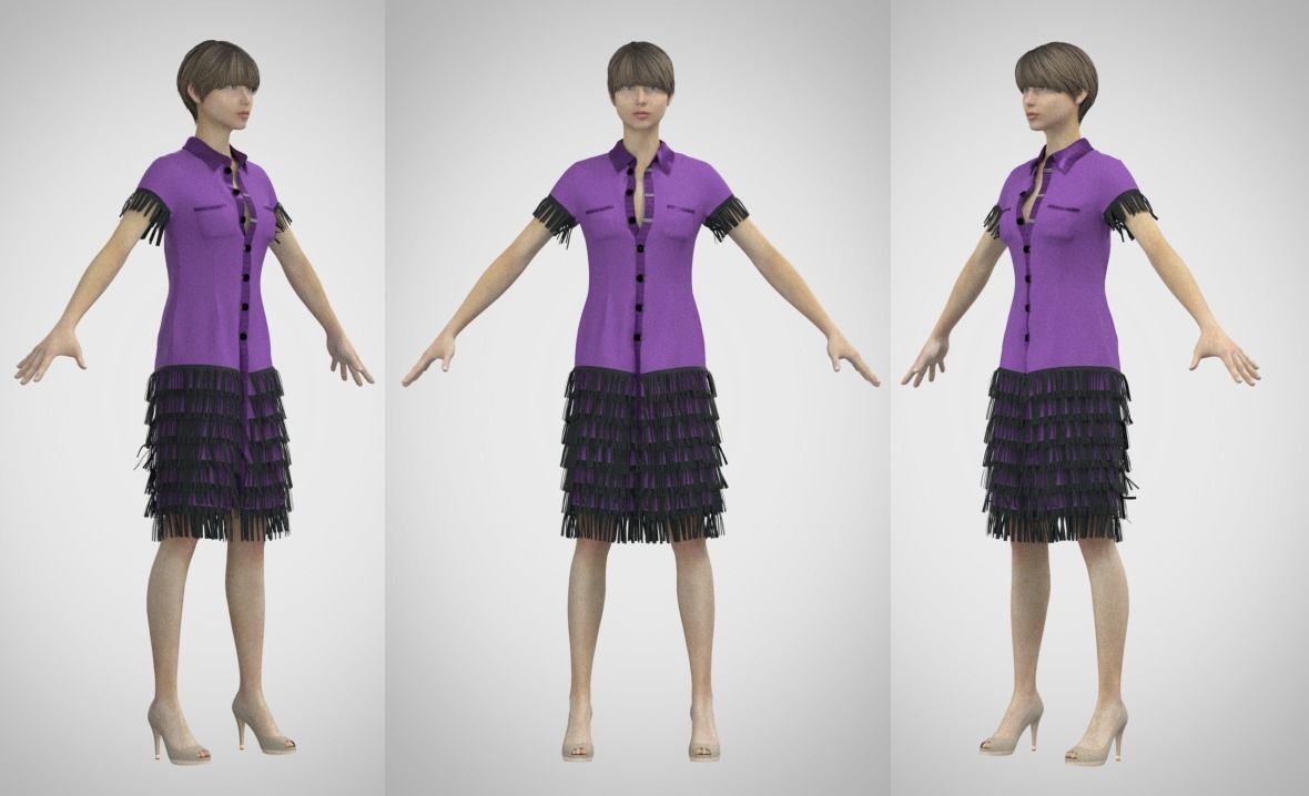 Fringed Female Fancy Dress Possed 3D model rigged | CGTrader