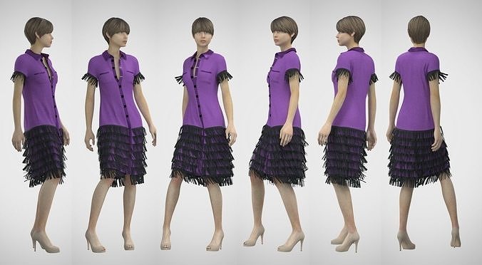 Fringed Female Fancy Dress Possed 3D model rigged | CGTrader