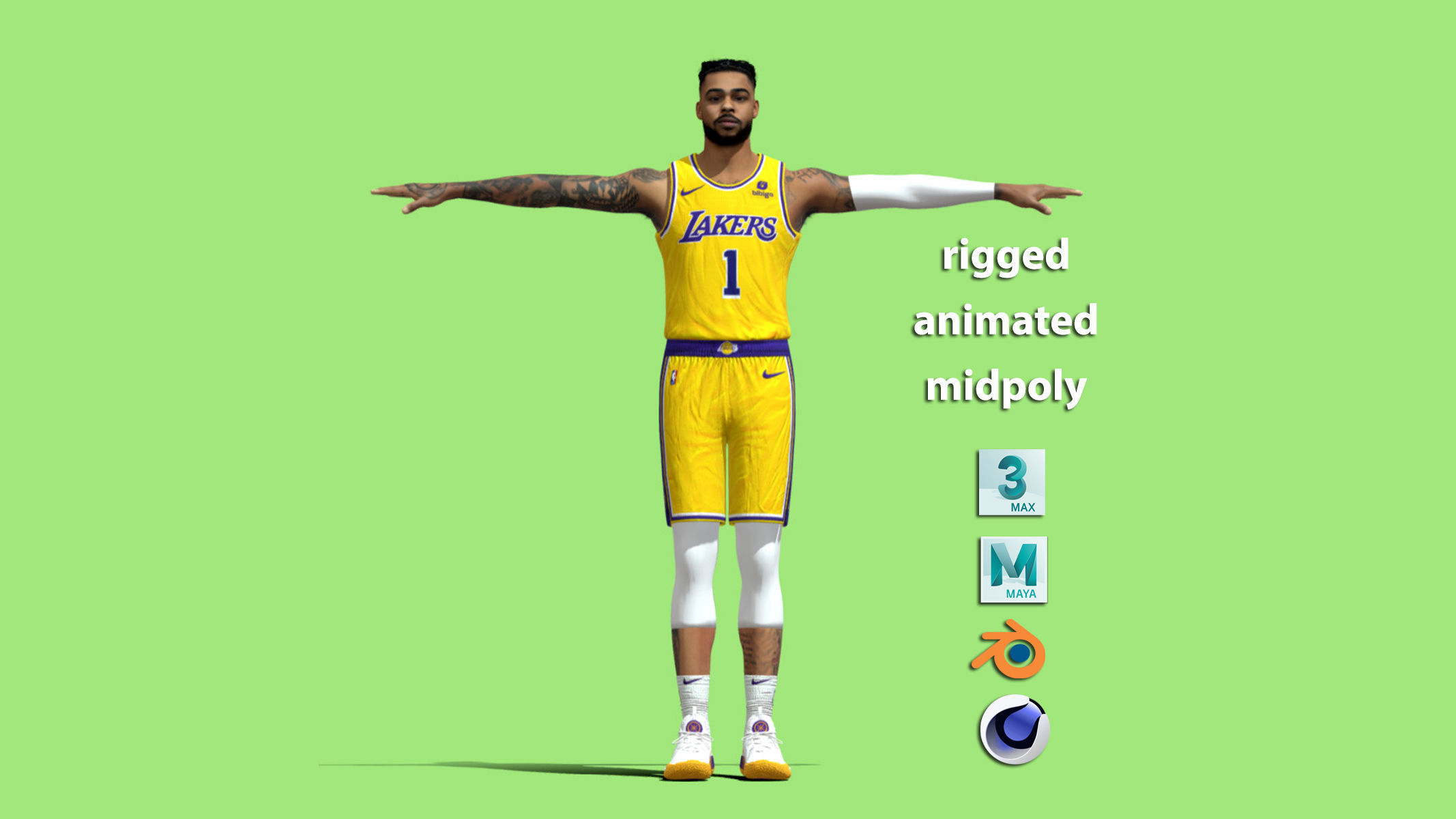 T-Pose D Angelo Russell Los Angeles Lakers NBA 3D model animated rigged ...