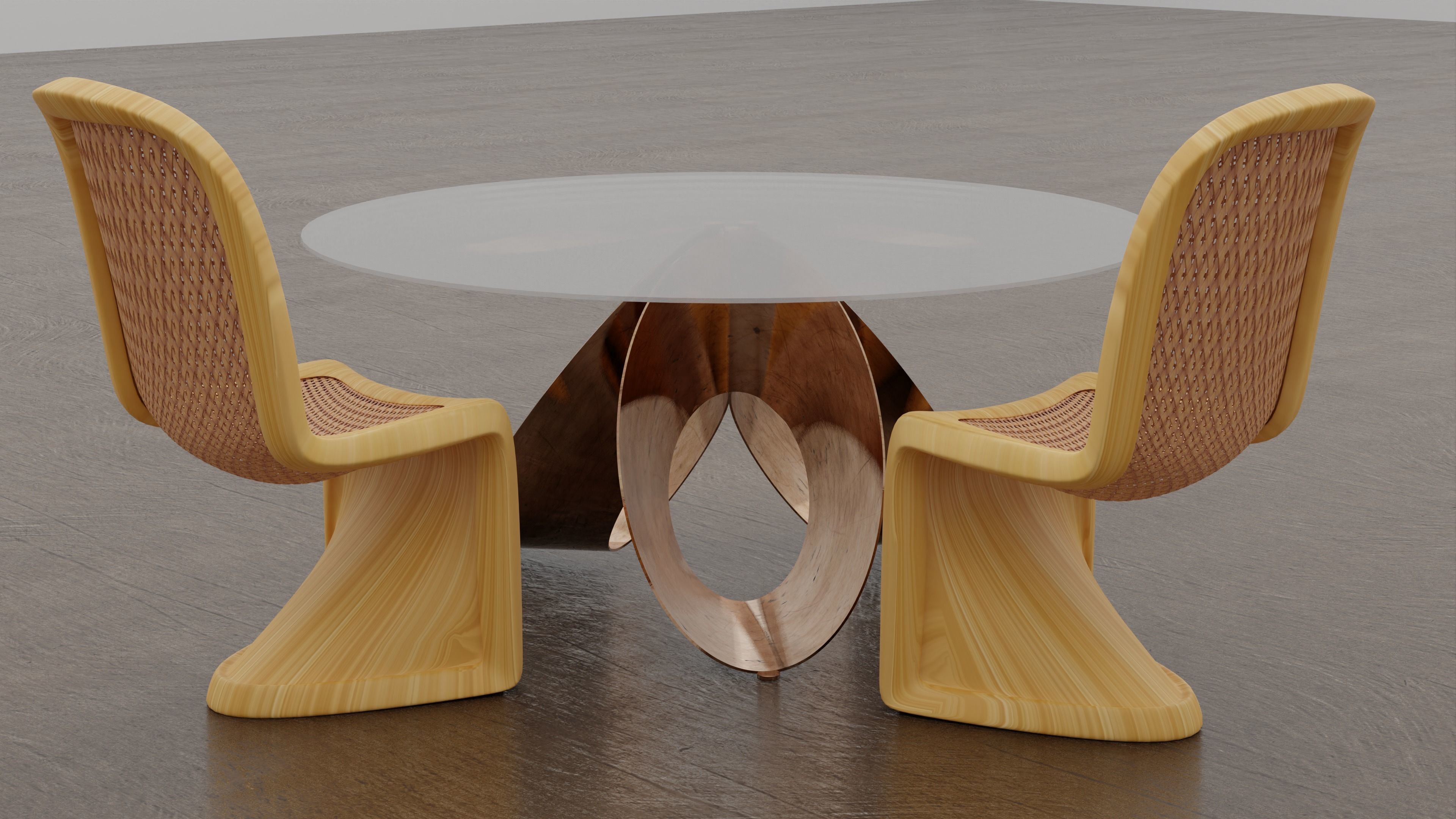 Dinner table and woods Patton chairs with wicker seats and backs 3D ...