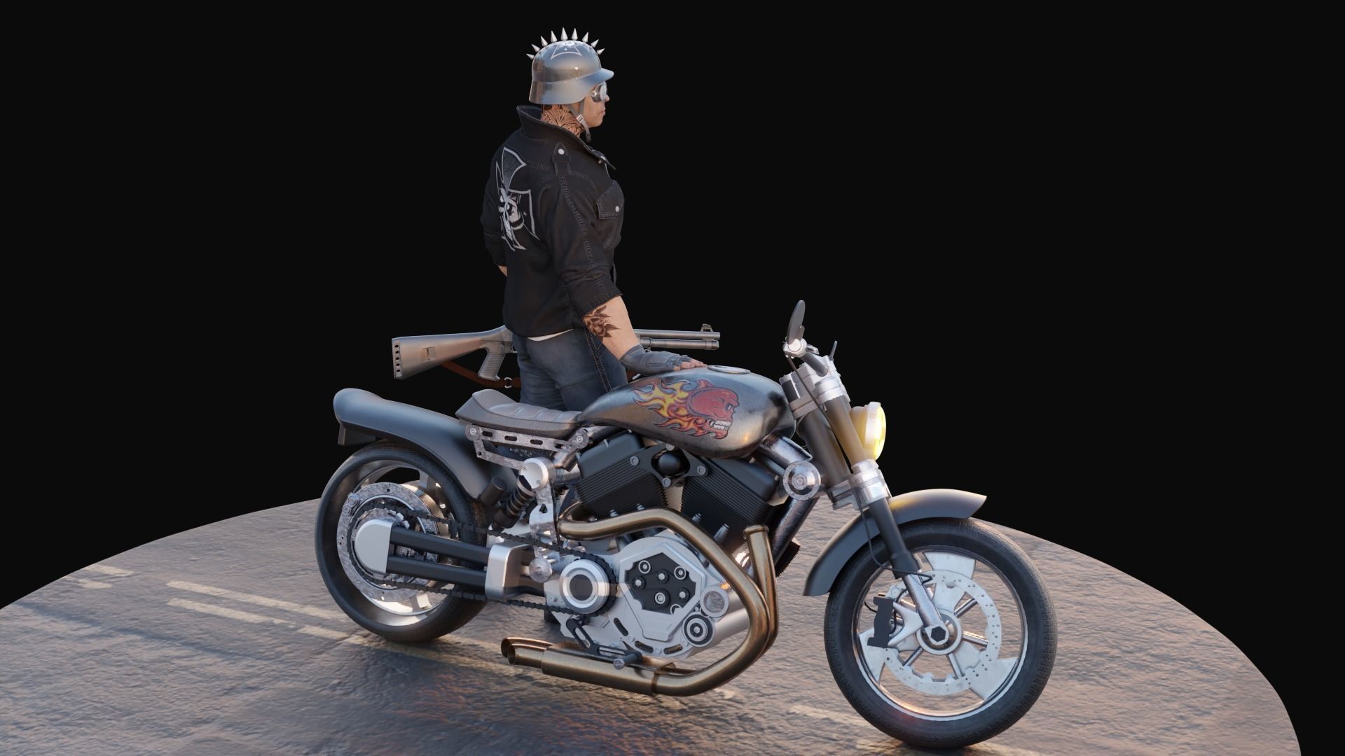 Biker on motorcycle with shotgun 3D model rigged | CGTrader