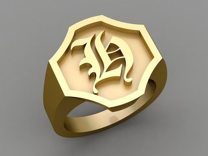 H Letter Classy Solid 14K Gold Name Initial Signet Ring Mens 3D model ...