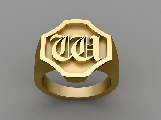 W Letter Solid Gold Signet Ring Monogram Men Ring 3D model 3D printable ...
