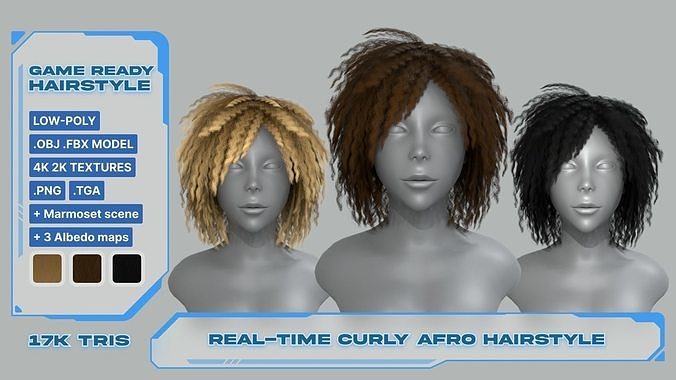3D model Realtime game ready women hairstyle curly afro hair VR / AR / low-poly | CGTrader