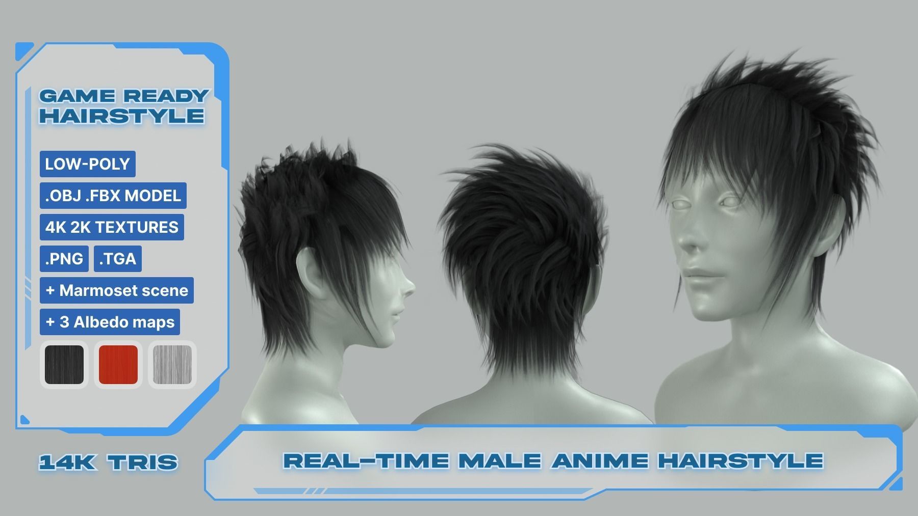 3D model Realtime game ready men hairstyle anime male hair VR / AR ...
