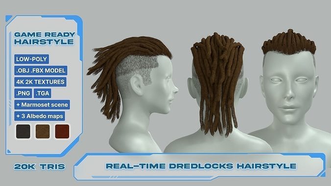 3D model Realtime game ready men dreadlocks hairstyle dreads male hair ...