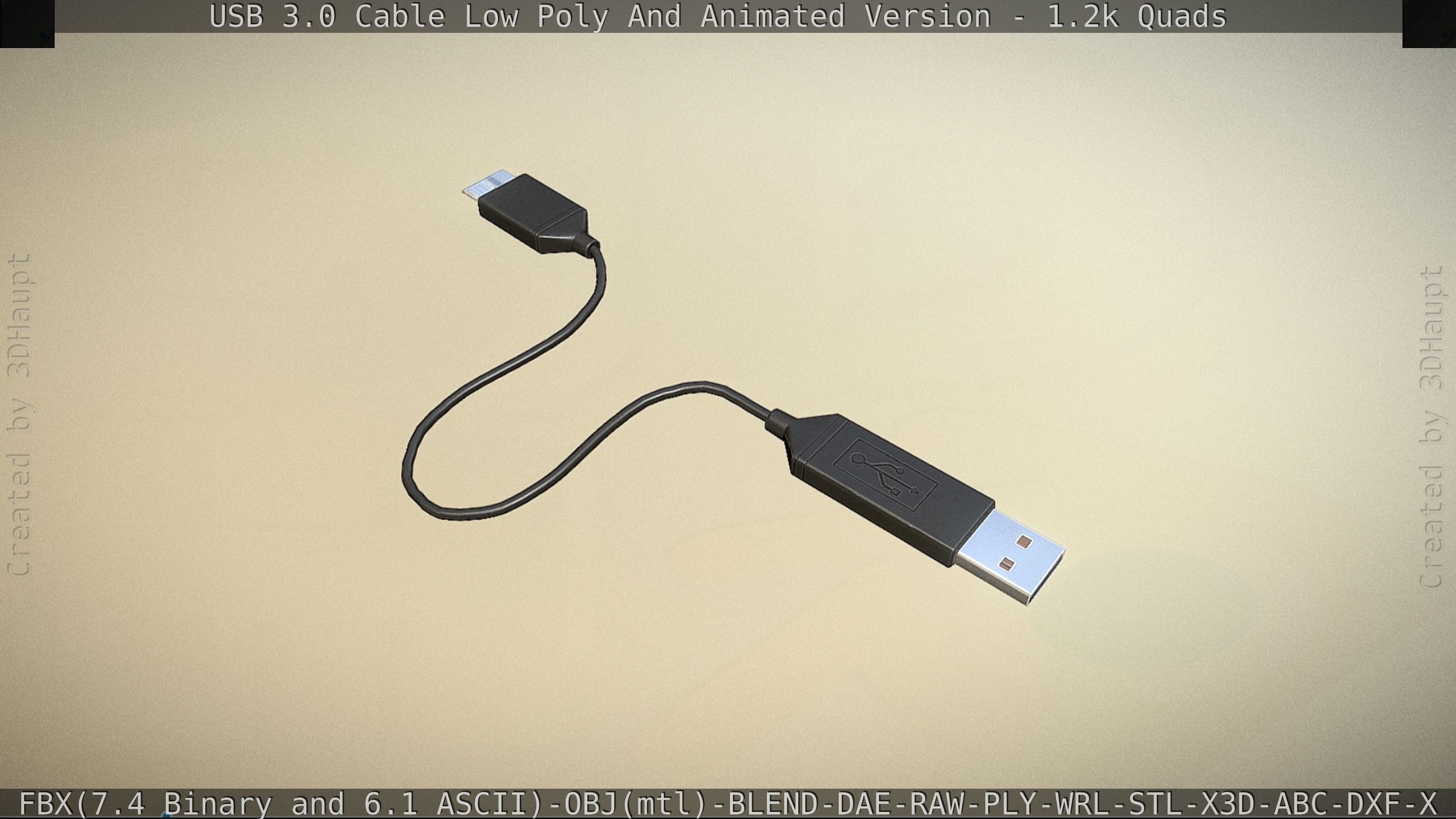 3D model USB 3 Cable Rigged Low Poly Version - Gameready - PBR Textures ...