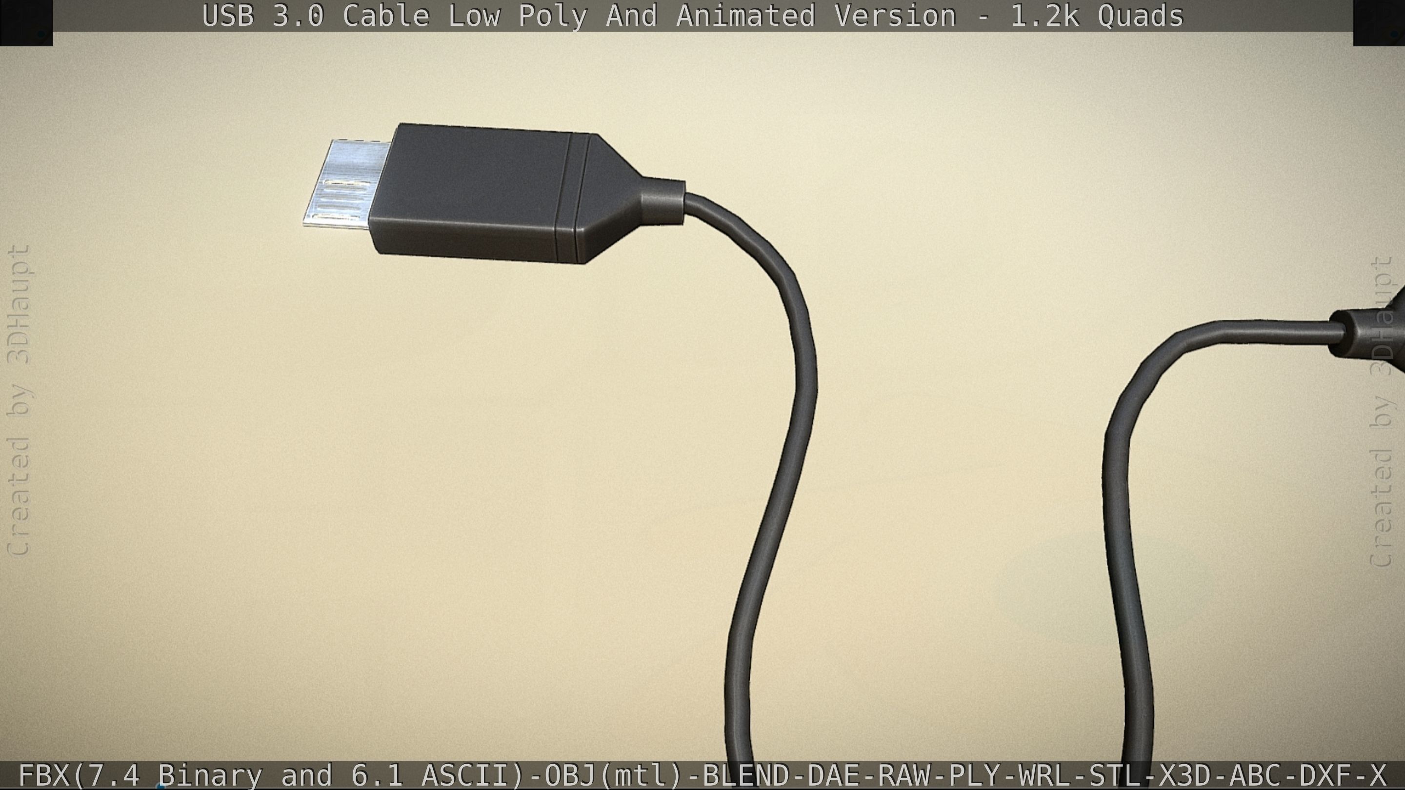 3d Model Usb 3 Cable Rigged Low Poly Version - Gameready - Pbr Textures