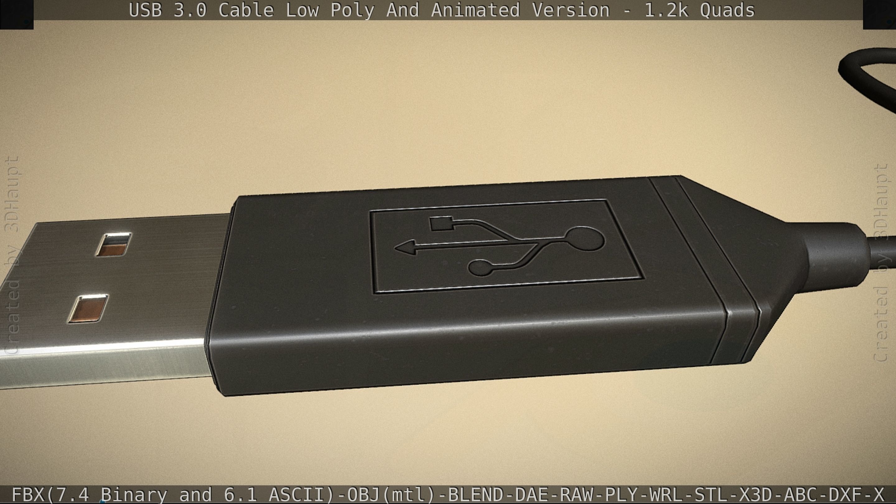 3d Model Usb 3 Cable Rigged Low Poly Version - Gameready - Pbr Textures