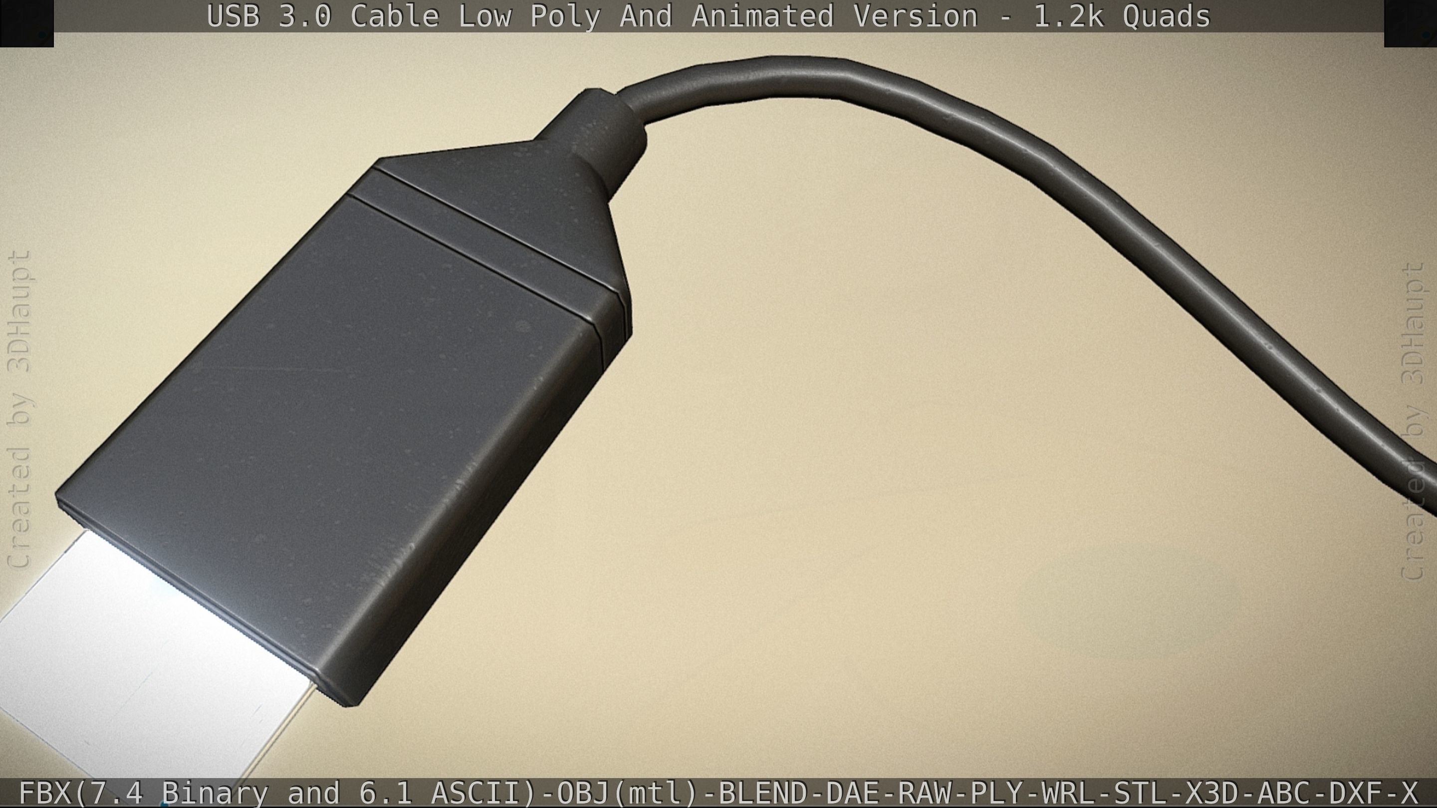 3d Model Usb 3 Cable Rigged Low Poly Version - Gameready - Pbr Textures 