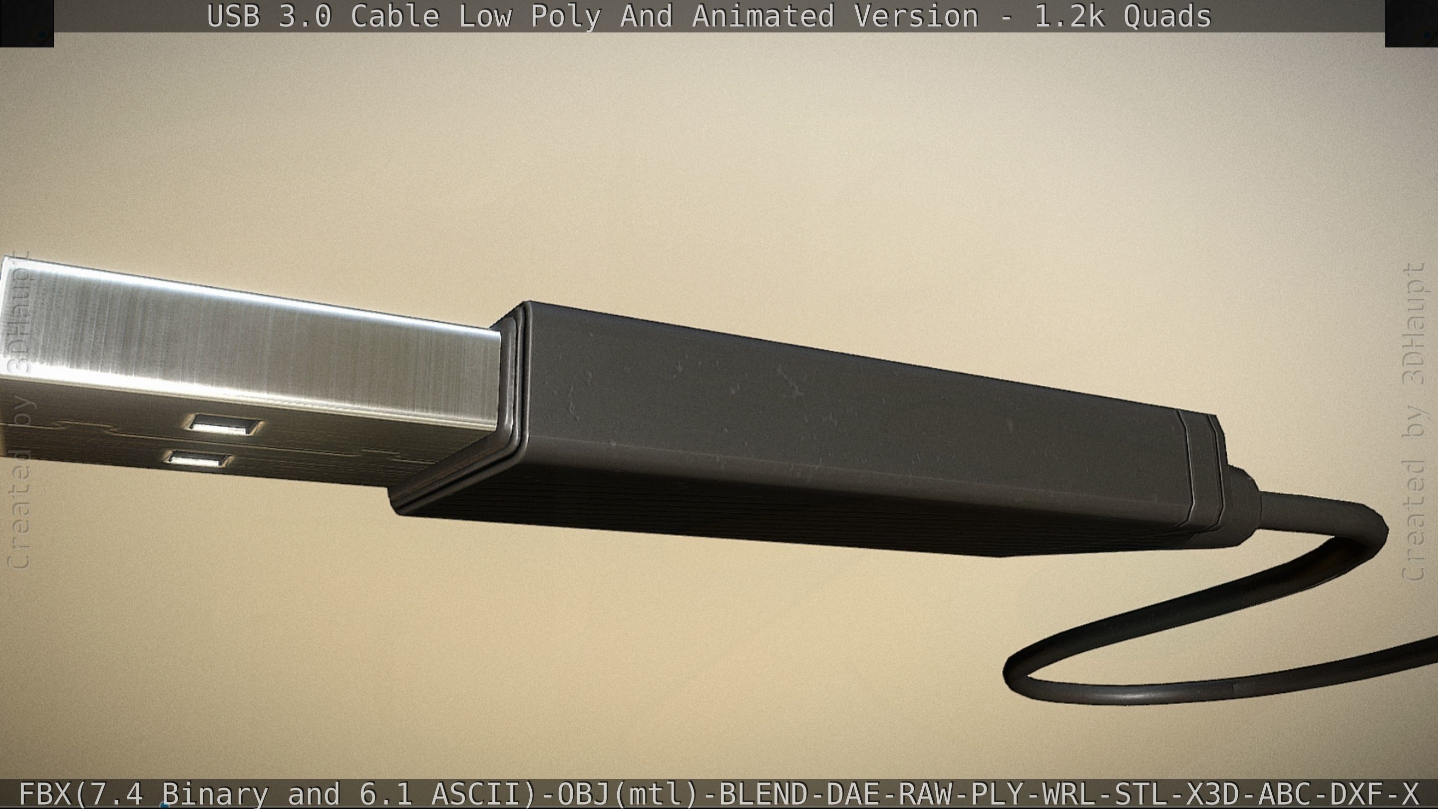 3d Model Usb 3 Cable Rigged Low Poly Version - Gameready - Pbr Textures 