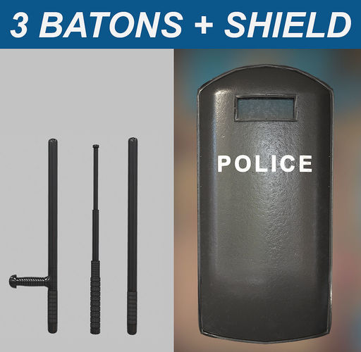 3D model Police Batons and Shield 1 Plus 1 Pack VR / AR / low-poly ...