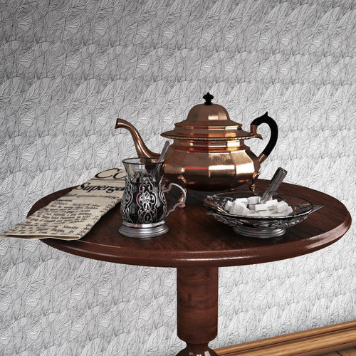 Tea little table with a teapot a glass and a sugar bowl 3D model | CGTrader